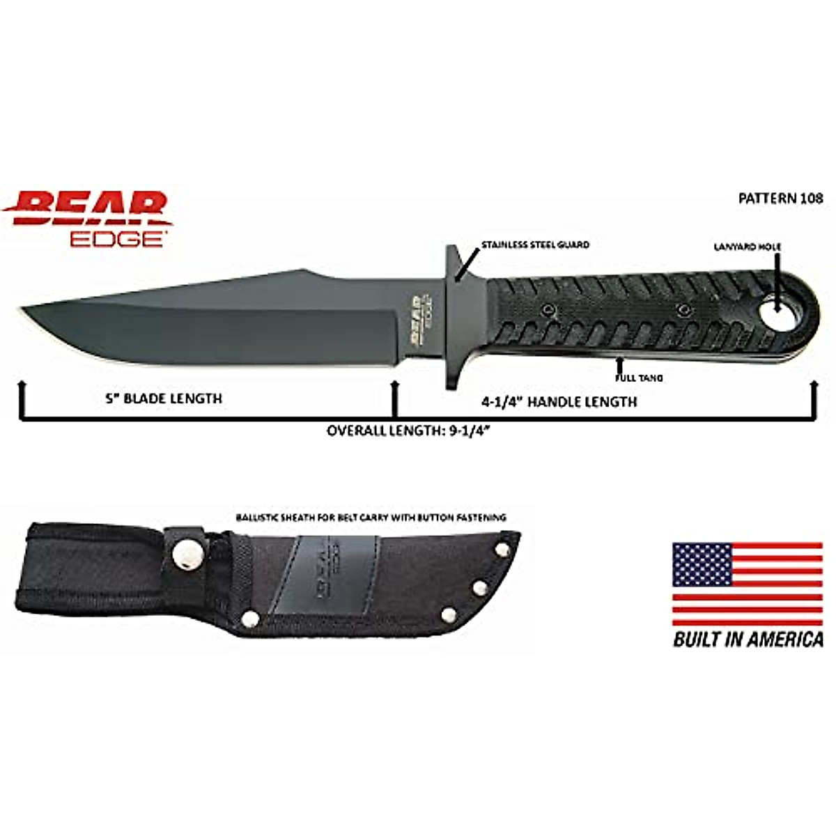 Bear Edge Compact Bowie, 5” 440 High Carbon Stainless Steel Blade, Lightweight Black G10 Handles, Ballistic Sheath Included (61108)