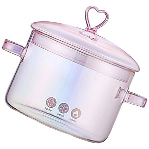 Yardwe Glass Soup Bowl with Lid and Handle, 1PC Pink Double-handle Cooking Pot