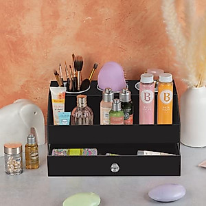 Happy start Acrylic Hair Tool Organizer - Blow Dryer Holder, Hair Styling Tools & Accessories Organizer Vanity Caddy Storage Stand with Heat Resistant Stainless Steel Cups (Drawer, Black)