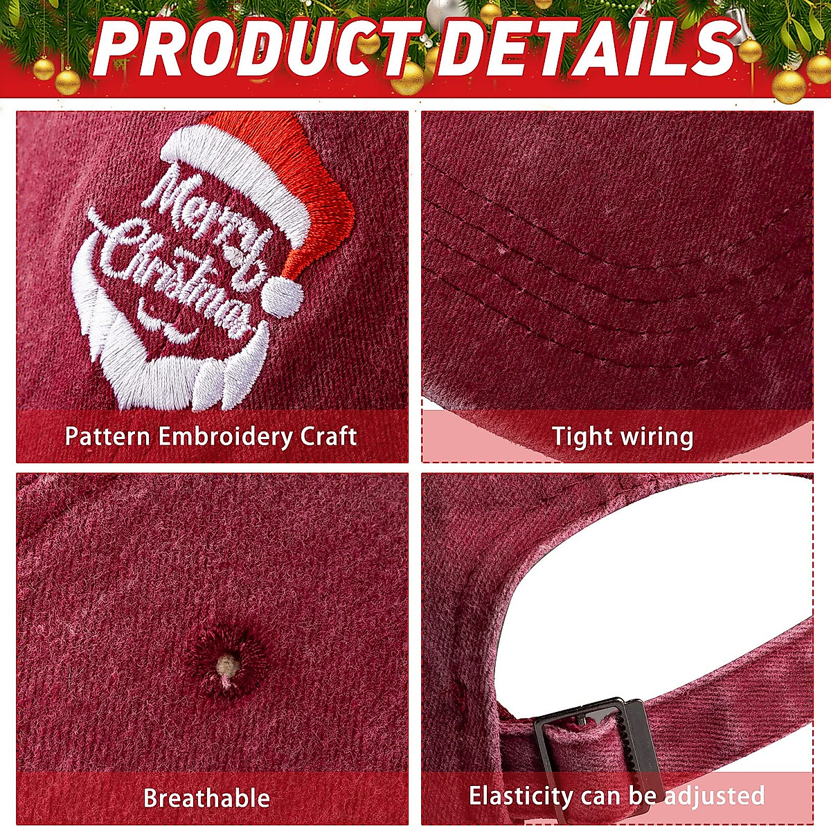 4 Pcs Christmas Hat Christmas Baseball Cap Embroidered Santa Hat Adjustable Washed Funny Baseball Cap for Men Women