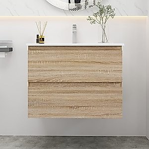 Henf 30" inch Wall Mounted Bathroom Vanity with Sink, Modern Floating Bathroom Vanity with White Integrated Gel Sink & Two Drawers, Plywood Hanging Bath Cabinet w/Resin Wash Basin (Light Oak)