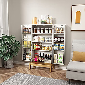 HOLTICO 45'' Kitchen Pantry Cabinet,Storage Cabinet with Doors and Adjustable Shelves,Food Pantry Cabinet for Kitchen,Dining Room,Living Room and Garage,Gold Legs,No Lines,White Cabinet.