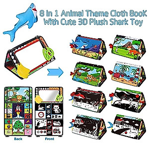 KETIEE Baby Tummy Time Mirror Toys, 3 in 1 Black and White High Contrast Infant Toys with Crinkle Cloth Book, Shark Doll & Teether Newborn Montessori Sensory Toys for Baby Boy Girl 0-3-6-9-12 Months