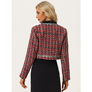 Allegra K Tweed Jacket for Women's Christmas Open Front Office Elegant Crop Blazer Large Red