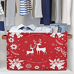 Cute Christmas Decor Storage Basket Bins Cubes Organizer Xmas Red and White Deer Foldable Storage Box with Leather Handles Collapsible Closet Storage Bins for Shelves Kids Toys Closets Nursery Bedroom