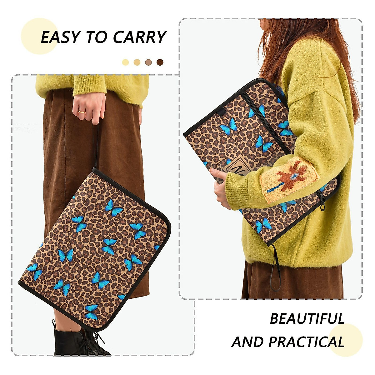 Blue Butterfly Leopard Cheetah Print Expanding File Folder, 13 Pockets Accordion File Organizer with Sticky Labels Zipper Portable A4 Document Organizer for Home Office School Supplies