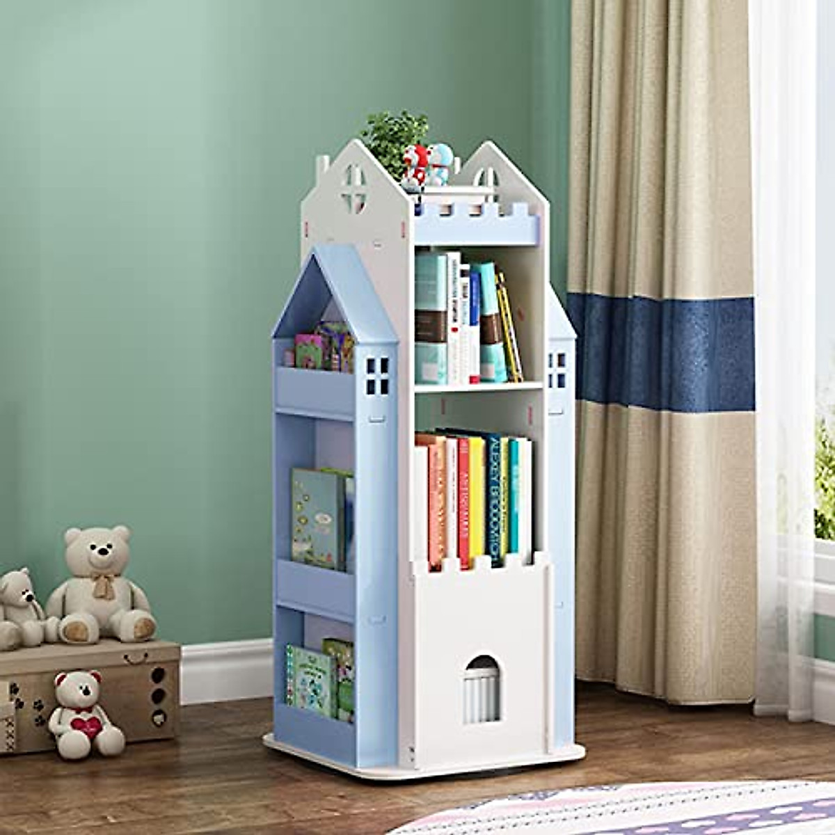MYOYAY Rotating Bookshelf Kids 360° Rotating Children's Bookcase 3 Tier Swivel Bookshelf Stackable Book Dhelf Organizer Blue Kids Book Display Shelf for Home Child's Bedroom