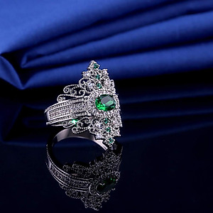 SCHZBSP 18K white gold plated royal noble emerald ring cubic zirconia ring vintage style crystal diamond ring 925 sterling silver ladies engagement wedding ring set (6)