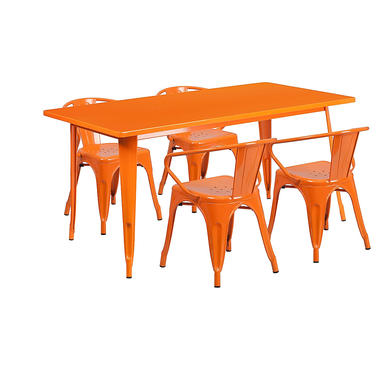 EMMA + OLIVER Commercial Grade Rectangular Orange Metal Indoor-Outdoor Table Set-4 Arm Chairs