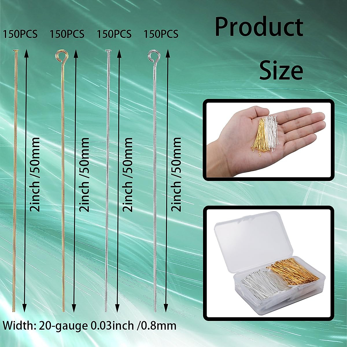 600 Pieces 2 Inch Flat Head Pins Eye Pins for Jewelry Making DIY, Straight Head Eye Pins Gold and Sliver Jewelry Making Pin Metal End Headpins for Craft Earring Bracelet Necklace Pendant Supplies