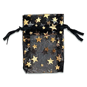 TheDisplayGuys 100-Pack 2" x 2-3/4" Sheer Organza Gift Bags with Drawstring (X-Small) - Metallic Stars (Black/Black) - for Wedding Party Favors, Jewelry, Candy, Treats Mesh Pouch