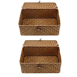 YARNOW 2pcs Seagrass Storage Baskets with Lids Rectangular Rattan Baskets Woven Wicker Storage Bins Wooden Picnic Basket Laundry Hamper Container