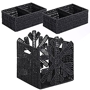 Vagusicc Wicker Storage Baskets, Set of 3 Hand-Woven Paper Rope Wicker Baskets for Shelves Storage with Handles, Snowflake Cube Storage Bins, 10.5 Inch Storage Baskets for Pantry Organizing, Black