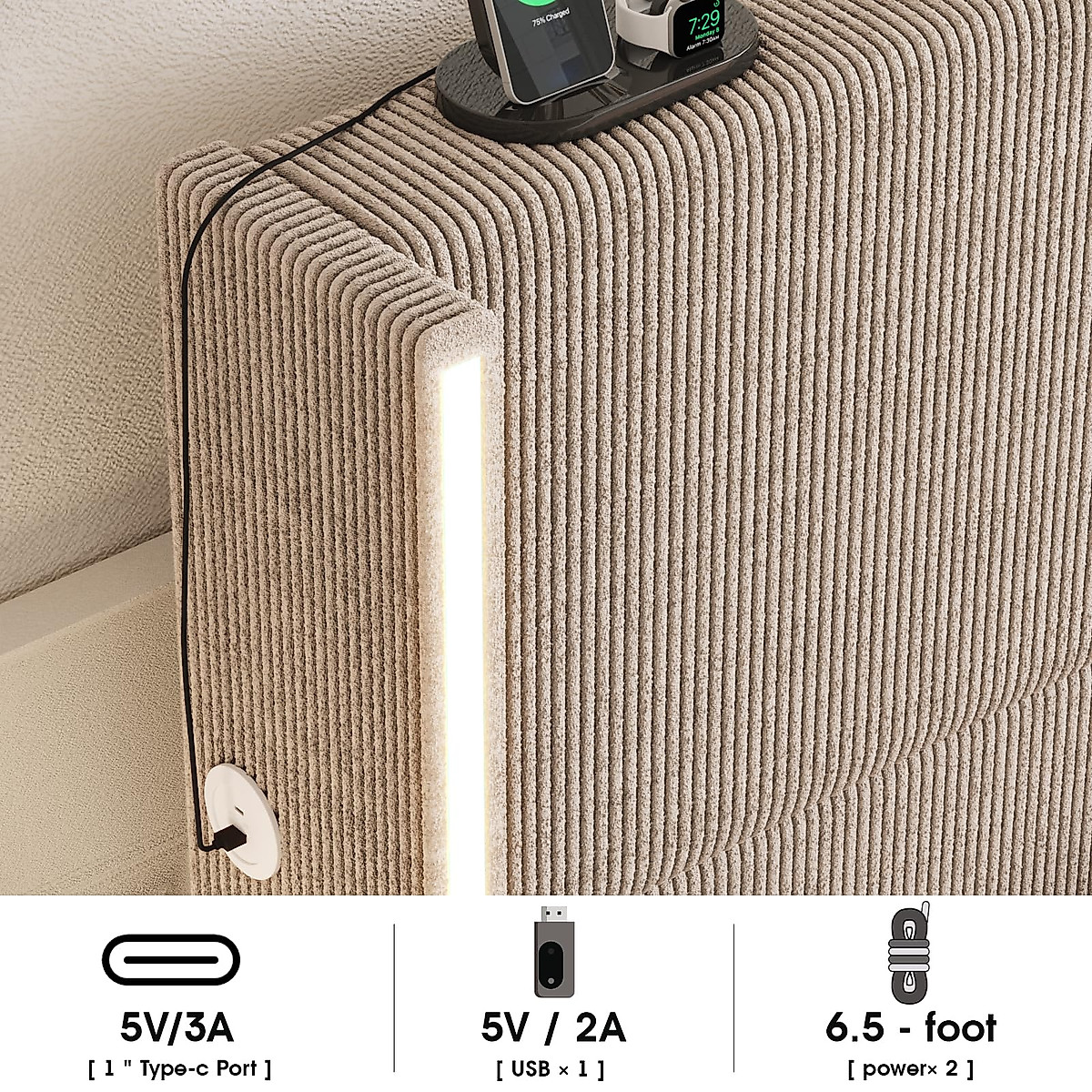 Queen Size Bed Frame with 4 Storage Drawers and LED Lights,Upholstered Queen Bed Frame with Headboard and Charging Station,Ease of Installation,Taupe