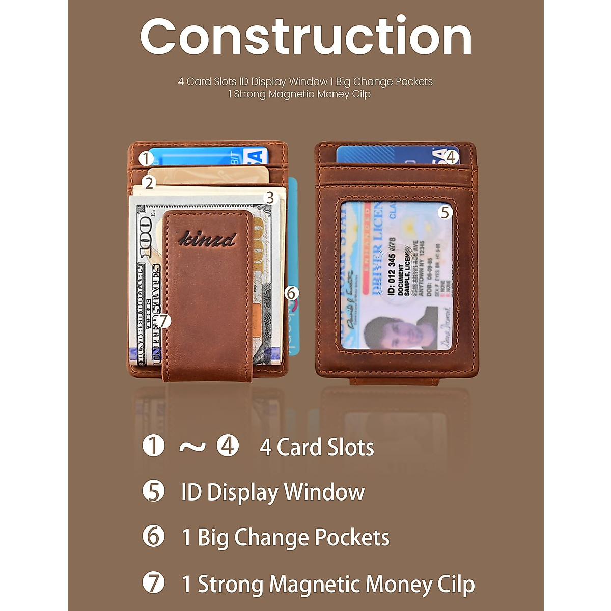 Money Clip, Front Pocket Wallet, Leather RFID Blocking Strong Magnet thin Wallet (one size,Khaki (Id Window Crazy Horse Leather))