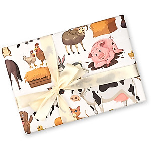 Bolsome 12 Sheets Red Barn Farm Animal Wrapping Paper Barnyard Gift Wrap Folded Wrapping Paper with Cow, Horse, Sheep, Goat, Pig, Duck, Chicken Pattern(20 inch x 28 inch sheet)