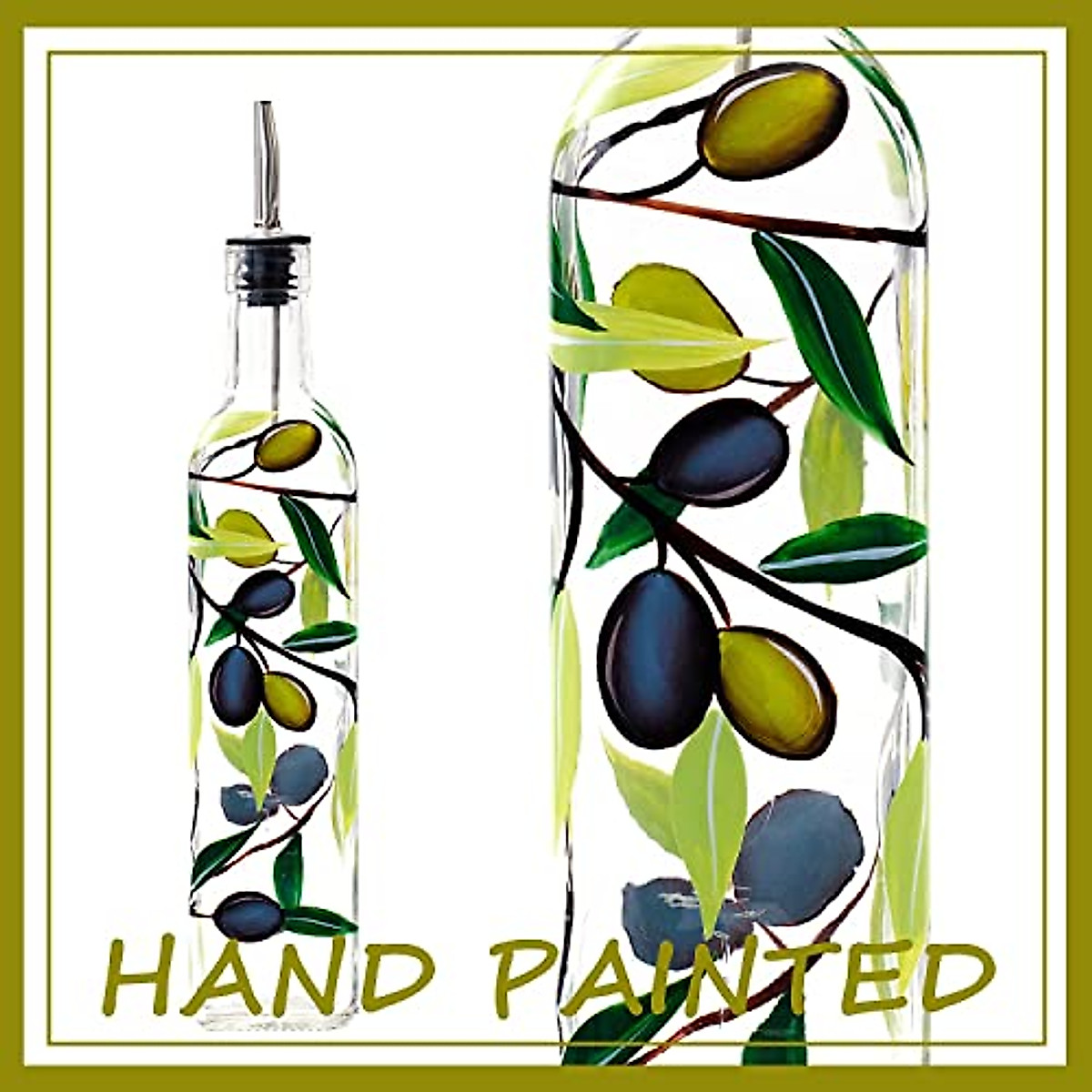 YIYUKODO 17oz Hand Painted Glass Olive Oil Bottle Dispenser- 500ml Green Oil & Vinegar Cruet with Pourers and Funnel - Olive Oil Carafe Decanter for Kitchen (olive)