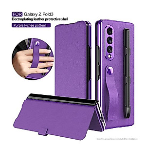 EAXER Compatible with Samsung Galaxy Z Fold 3 5G Case, Lychee Pattern Leather Magnetic Case with Pen Slot Luxury Phone Case Full Protection Cover Bumper Skin (Purple)