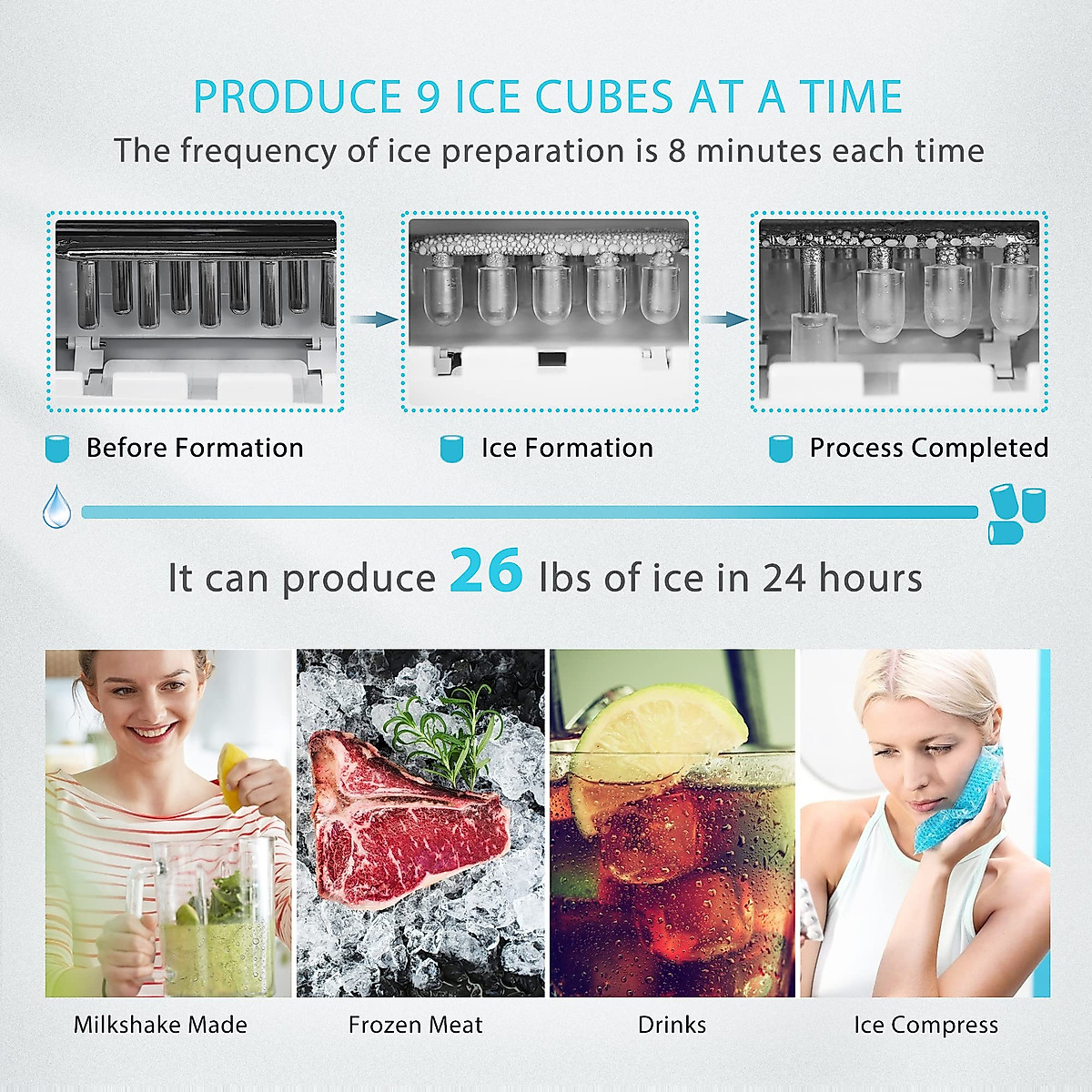 VIVOHOME Electric Portable Compact Countertop Automatic Ice Cube Maker Machine with Self Cleaning Function Visible Window and Hand Scoop Black 26.5lbs/Day