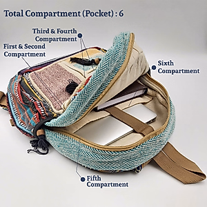 Fwosi Laptop Backpacks - Pure Hemp Hippie Bookbag for School, Day Hiking & Travel - Lightweight, Multi-Pocket, 6 Compartments for Books, Purse, Wallet, Everyday Accessories - Crafts from Nepal
