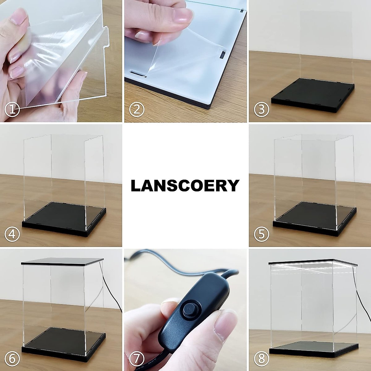 LANSCOERY Clear Acrylic Display Case with LED Light, Showcase and Display Box, Dustproof with UV Protection, Perfect for Figures Collectibles - 7.1x5.5x7.9inch