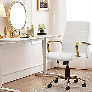 Yaheetech Mid-Back Office Chair PU Leather Desk Chair Adjustable Executive Task Chair w/Lumber Support Gold Leg White Seat