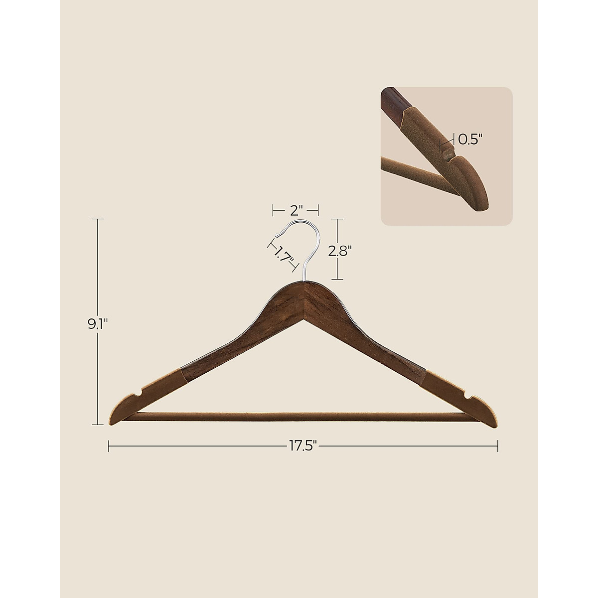 SONGMICS Velvet Wooden Hangers, Set of 20 Wooden Hangers with Velvet Surface, Non-Slip Coat Hangers with Shoulder Grooves, Pants Bar, 360° Swivel Hook, for Jackets Shirts, Dark Walnut UCRW012V02
