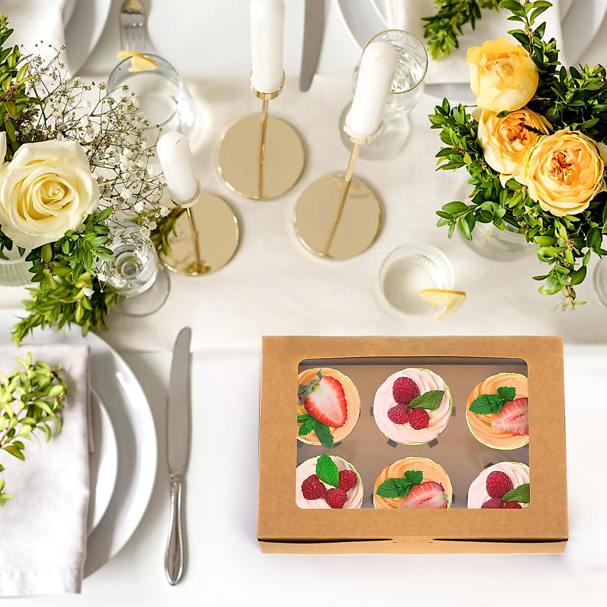 Jucoan 50 Pack Kraft Cupcake Box with Insert and Window Hold 6 Standard Cupcake, Food Grade Cupcake Carrier Container, Brown Bakery Box for Pastry, Cookies, Small Cake, Desserts Treat.