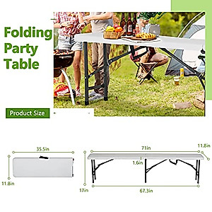 Portable Folding Bench 6 Foot Outdoor Benches Weatherproof, Garden Bench with Carrying Handle, Easy Transport, Lightweight Plastic White Bench for Indoor and Outdoor Seating Picnic Party Camping