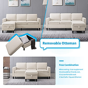 Mjkone Convertible Sectional Sofa Couch, Sofas with Solid Wood Legs and Storage Ottoman, L-Shape Couch with 4 Side Pockets, Couches for Living Room/Apartment/Office (Beige)