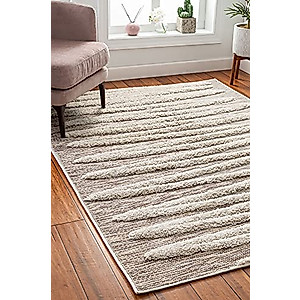 Well Woven Bergen Beige Flat-Weave Hi-Low Pile Geometric Stripes Moroccan Tribal Area Rug 8x10 (7'10" x 9'10")
