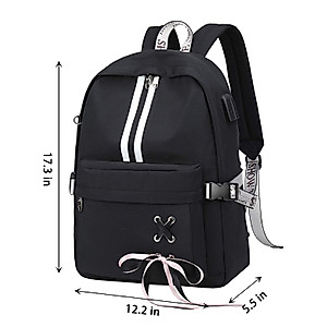 Mairle 17.3 inch Casual Laptop Backpack Anti Theft Schoolbag Daypack Ribbon Decorate School Bag with USB Charging Port for Teen Girls Women, Black