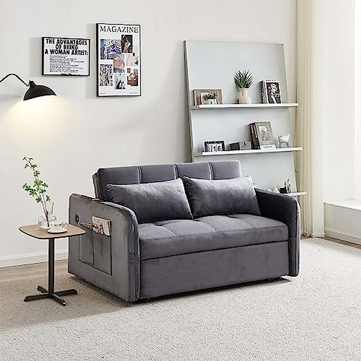 Antetek 3-in-1 Sleeper Sofa Bed w/USB Port, Modern Convertible Tufted Velvet Upholstered Pull Out Futon Couch, 55.5" W Small Loveseat Sofa for Office Living Room Small Space, Grey