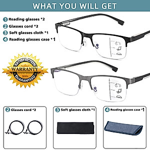 Bifocal Reading Glasses for Men, No Line Bifocals Progressive MultiFocus Readers, Wide Clear Top Transition Non Prescription Multifocal Eyeglasses,Large Anti Blue Light Multi focals Half Frame +1.75