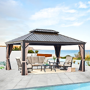 Ulax Furniture 12' x 16' Outdoor Gazebo Patio Permanent Hardtop Pergola with Aluminum Frame Galvanized Steel Double Roof Mosquito Net and Privacy Curtain