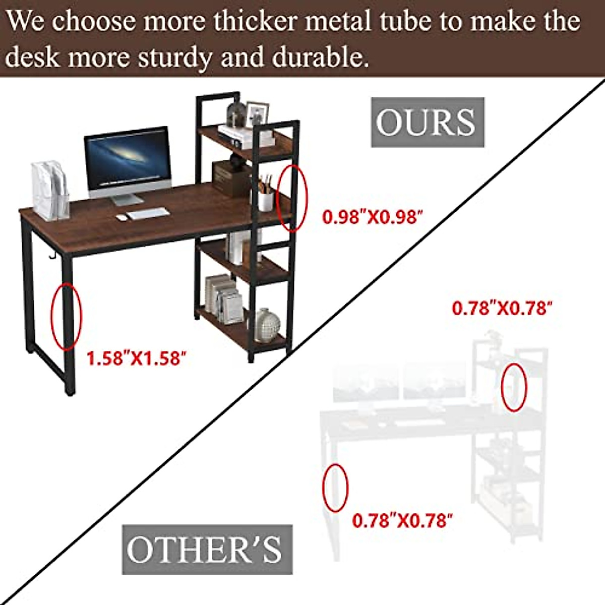 Napnapday 55 inch Computer Desk with Shelves, Desk with Storage Bookshelf Writing Table for Gaming Home Office Bedroom, Mahogany