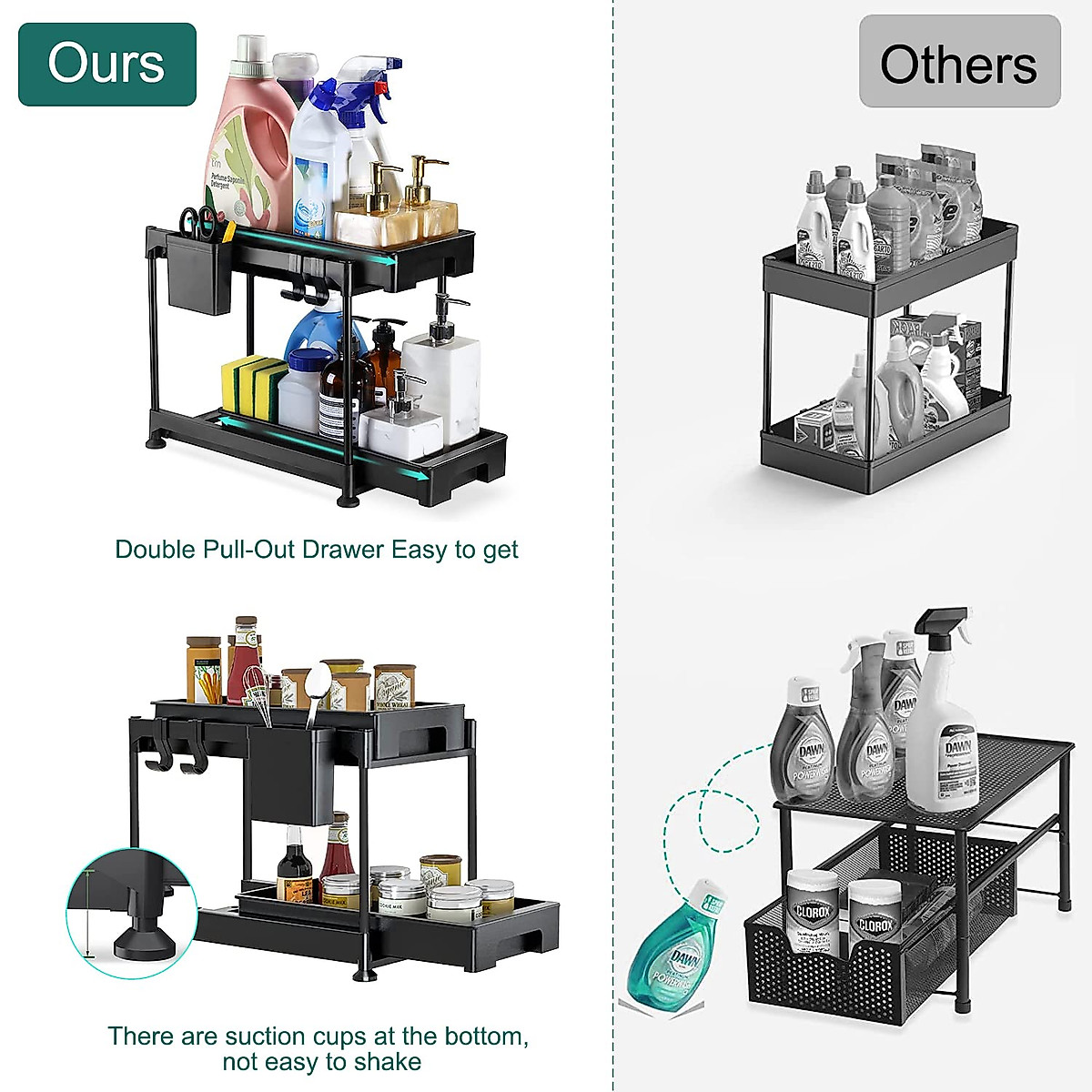 LBW 2 Packs Under Sink Organizer and Storage, 2 Tier Sliding Bathroom Cabinet Organizers Multi-Purpose Kitchen Organization and Storage，Drawer Pantry Organizer with Hooks,Black (Pack of 2)
