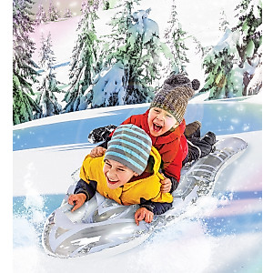 POZA Inflatable Silver Snow Boogie Sled – Luxurious Snow Sled with Handles and Filled with Silver Snowflake Confetti – Premium Heavy Duty Cold Resistant PVC Sled for Adults and Kids – 44 Inch