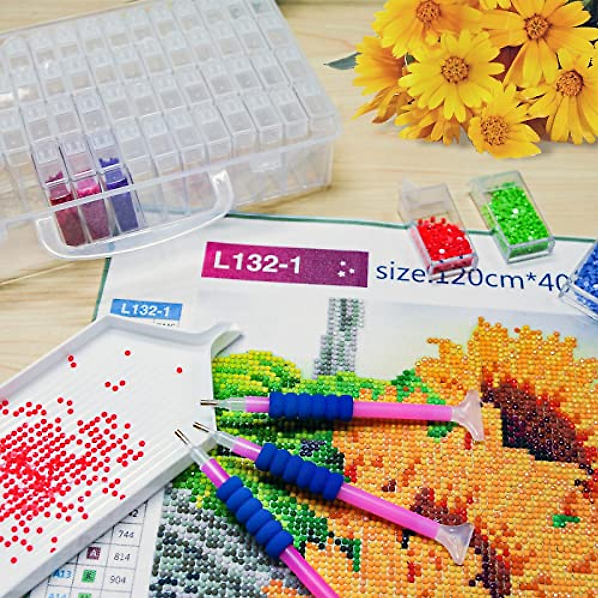 MESTOP 5D Diamond Painting Storage Containers Diamond Art Accessories Beads Storage Box with Funnel Plate 140pcs Label Stickers for Seeds DIY Art Crafts (64 Grids)