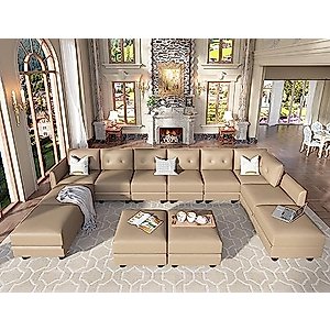 LLappuil Oversized Modular Sectional Sofa with Storage, Faux Leather Fabric U Shaped Sectional with Chaise, 12 Seater Modular Sleeper Couch for Living Room, Cognac