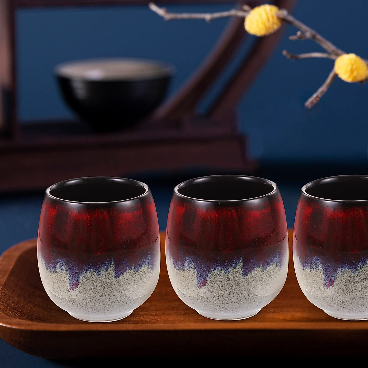 Didiseaon Handleless Ceramic Cup Ceramic Kiln-change Espresso Cup Small Coffee Cup Chinese Kung Fu Tea Cup Vintage Pottery Teacup Tasting Cup 80ml Red Asian Tea Cup