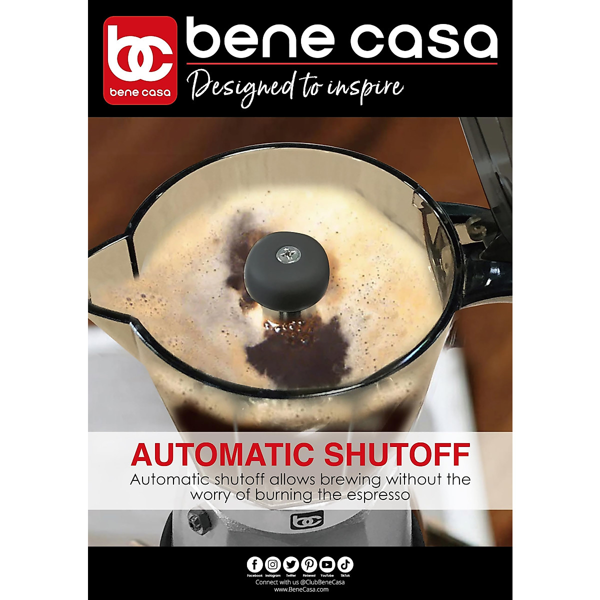 Bene Casa Espresso Coffe Maker, 6 Cup,Electric Maker Portable Cafetera Electrica| Trasparent Carefa, De 6 Tasas, Para Cafe' Espresso,Baso Trasparente.