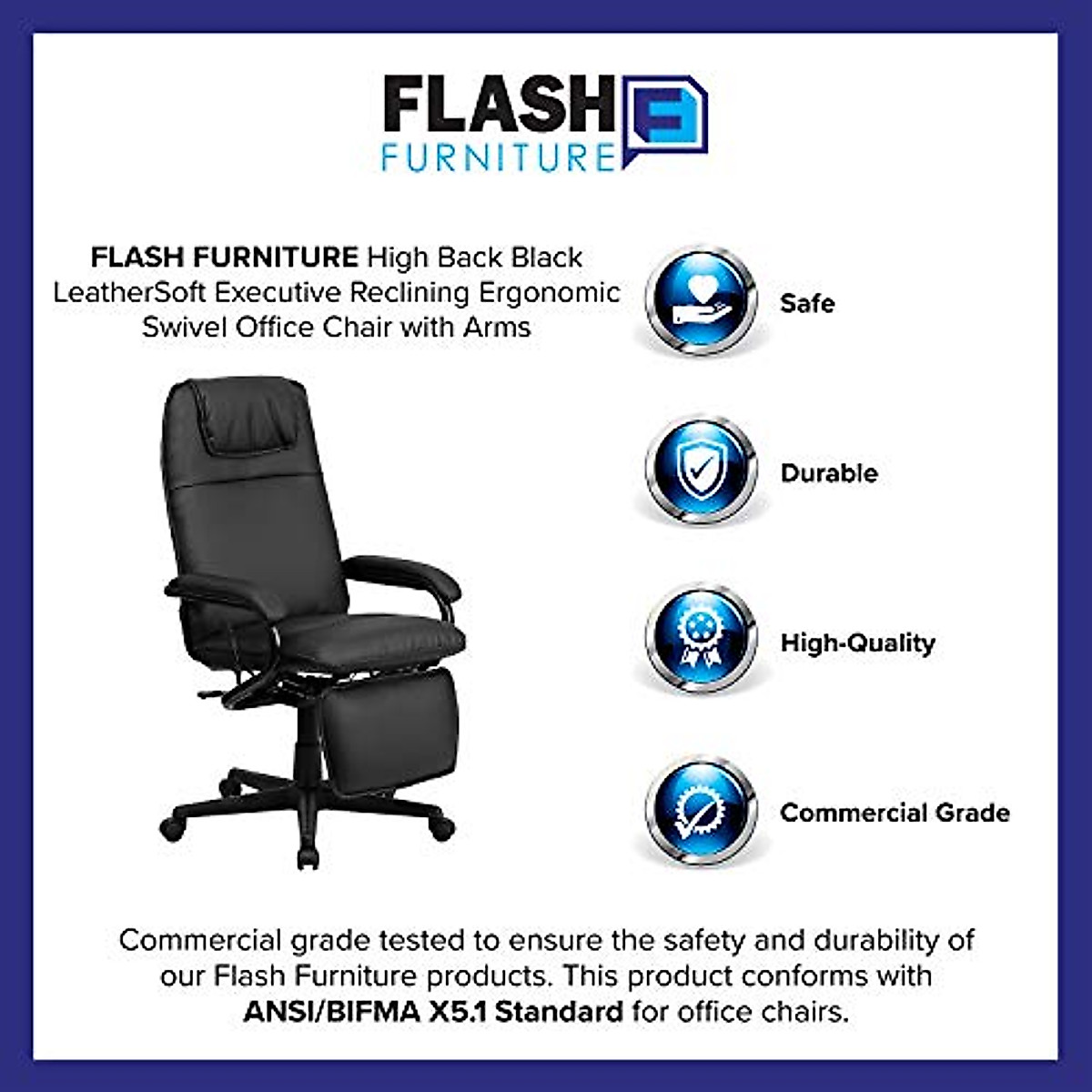 Flash Furniture Robert High Back Black LeatherSoft Executive Reclining Ergonomic Swivel Office Chair with Arms