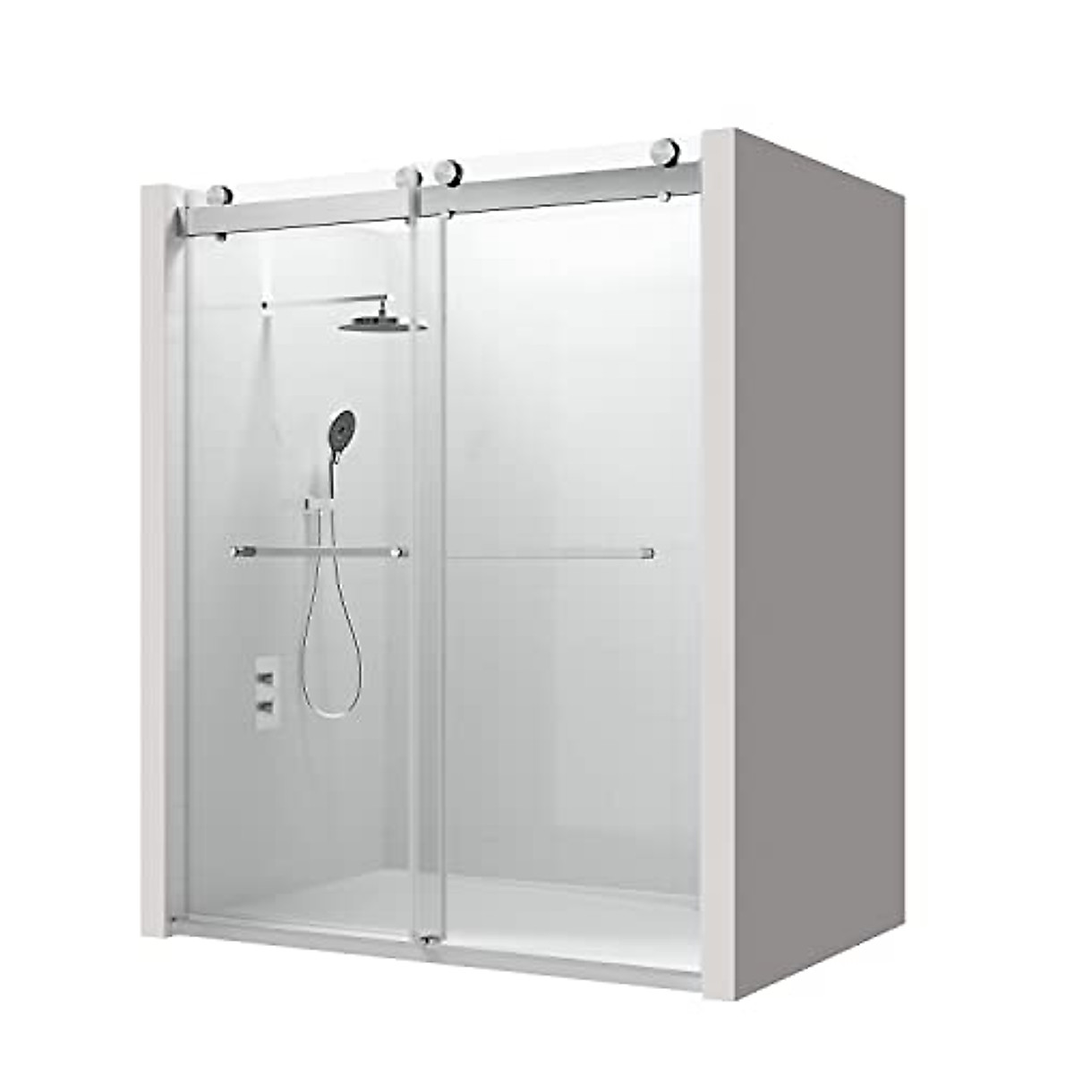 Jintop 72" W x 76" H Double Sliding Frameless Soft-Close Shower Door with Premium 3/8 Inch (10mm) Thick Tampered Glass,Bathroom Bathtub Doors W/ 4 Rollers and 2 Towel Bar Handles,Brushed Nickel