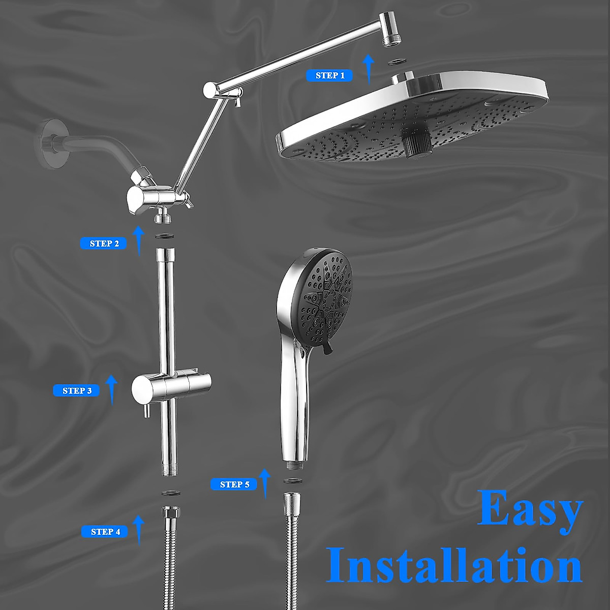 10+9 Functions High Pressure Rain/Rainfall Shower Heads With Handheld Spray Combo(Built-in Power Wash Mode), 10 Inch Double/Dual Shower Head With Handheld - Height/Angle Adjustable(Polished Chrome)