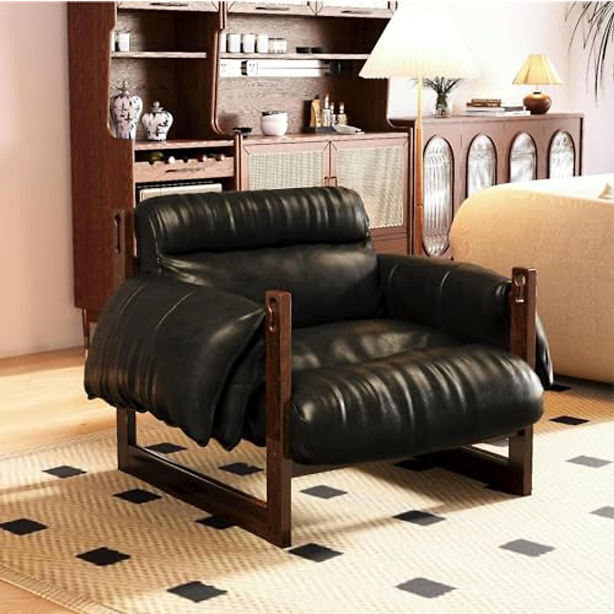 TXFTRR Black Leather Accent Chair, Cozy Reading Nook Chair with Upholstered Backrest and Adjustable Cushion Angle, Leather Arm Chair with Wood Frame, Mid Century Accent Chair for Living Room