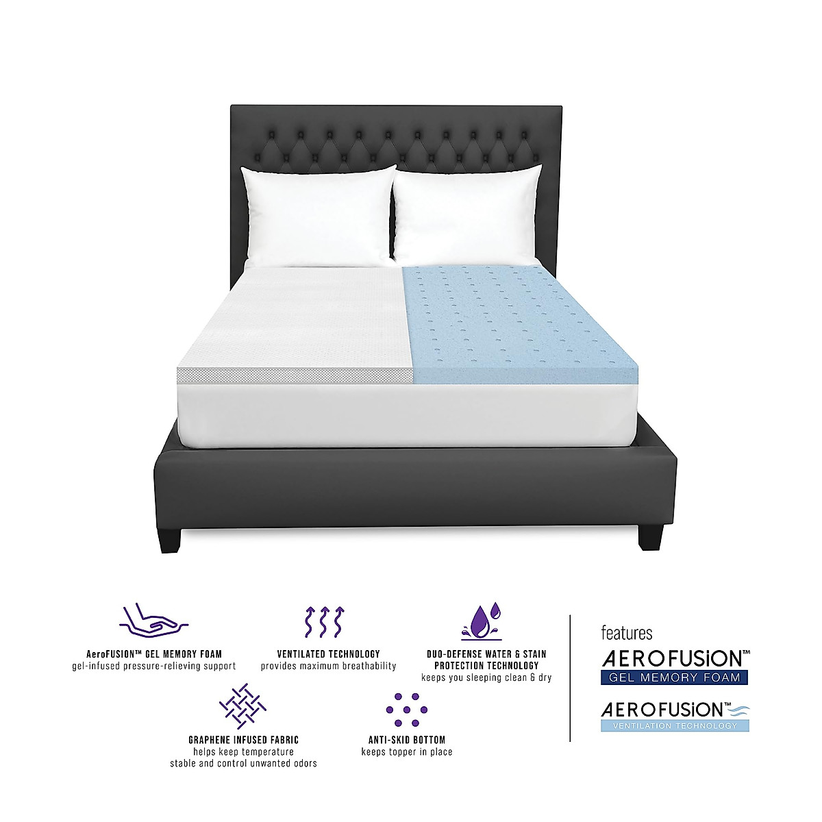 Bodipedic 2 Inch Memory Foam Mattress Topper, Cooling Gel Infused Mattress Topper, Luxury Graphene Infused Cover Included, CertiPUR-US Certified Foam, White