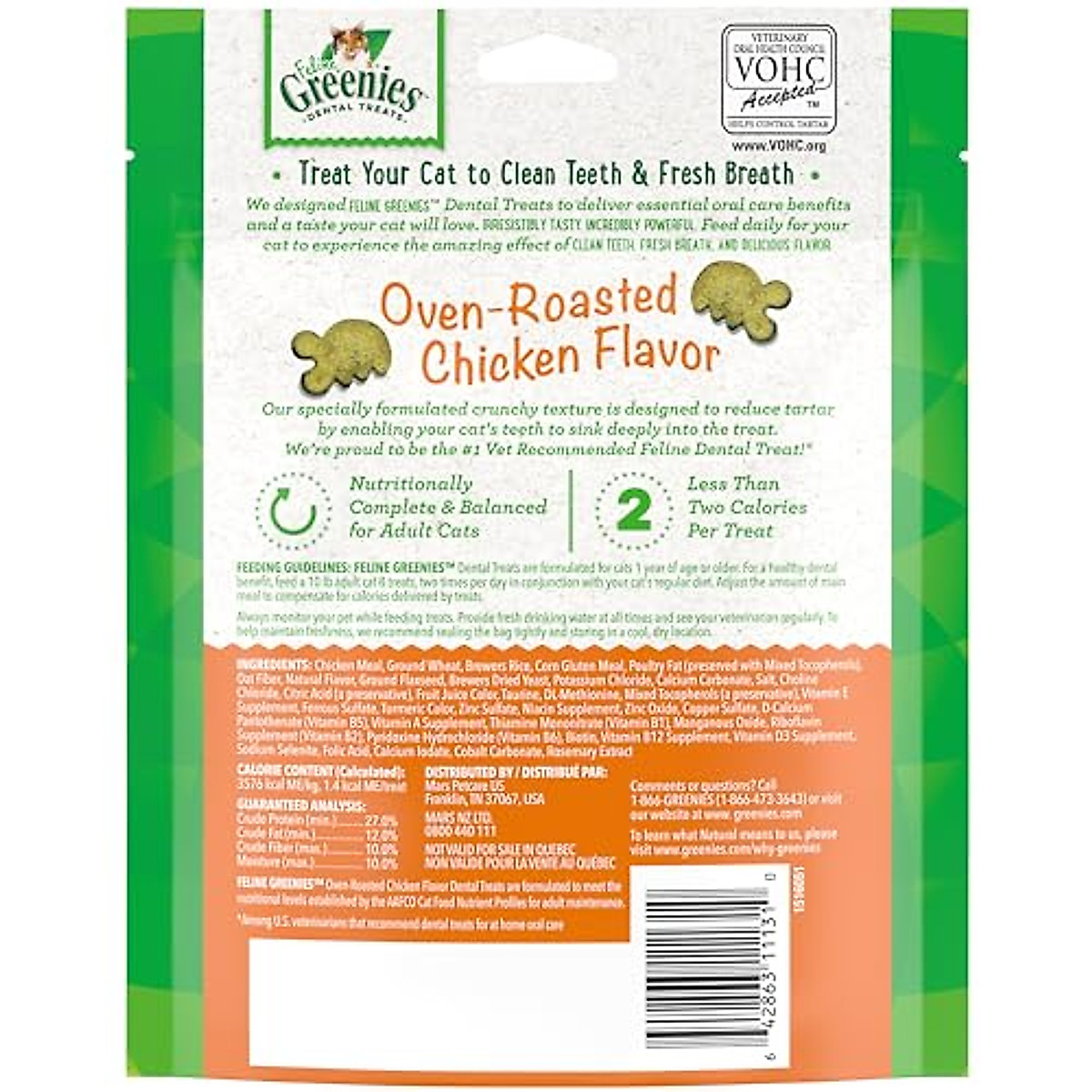 Greenies Feline Adult Natural Dental Care Cat Treats, Oven Roasted Chicken Flavor, 4.6 oz. Pouch