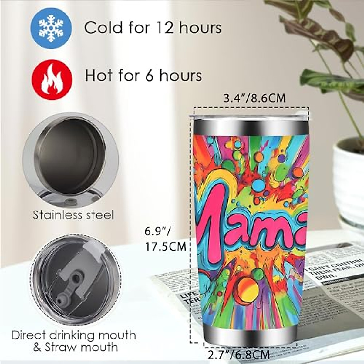 FOCIUZTA 20oz Vibrant Abstract Mama Text Tumbler with lid, Travel Coffee Cup, Ideal for Easter, Mother Day, and birthday gifts