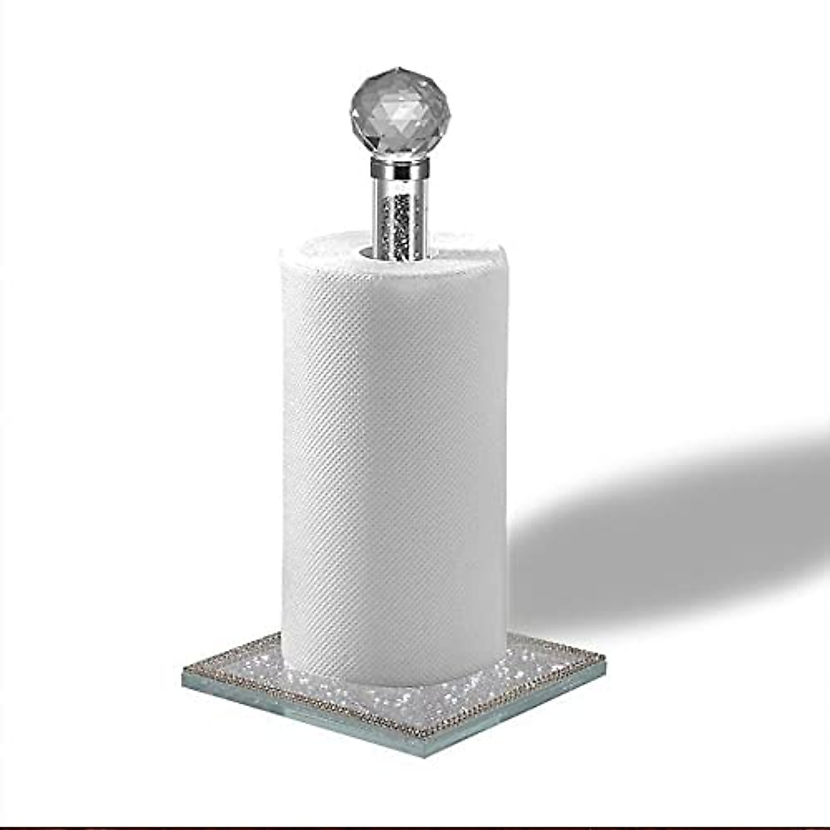 Handmade Silver Paper Towel Roll Holder, Filled with Sparkly Crystal Crushed Diamonds for Kitchen / Bathroom Towel Tissue Roll Countertop, 13inch Height 6.3inch Square Base Freestanding Holder
